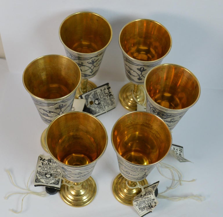 Rare Set of Six Russian Solid Silver and Enamel Kiddish Cups with ...