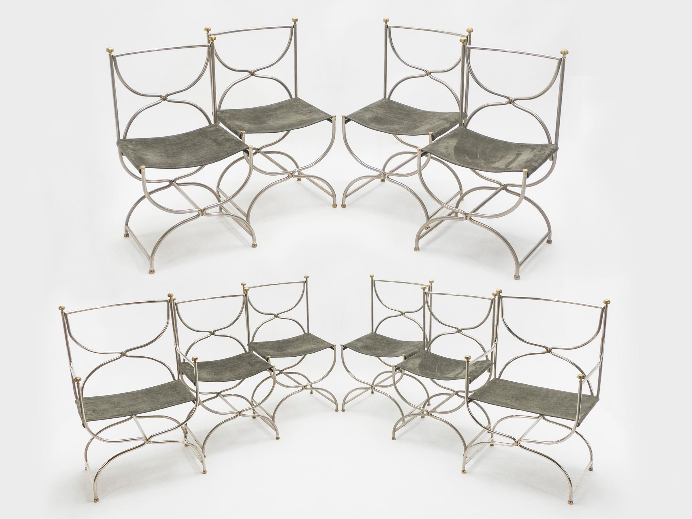 Rare Set of Ten Midcentury Steel Brass Leather Chairs Maison Jansen ...