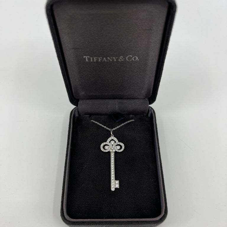 Rare Tiffany and Co. Fleur de Lis Diamond Platinum Key Pendant Necklace ...