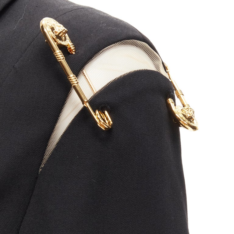 rare VERSACE black wool gold Medusa safety pin punk blazer jacket IT38 ...