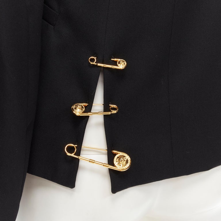 rare VERSACE black wool gold Medusa safety pin punk blazer jacket IT38 ...