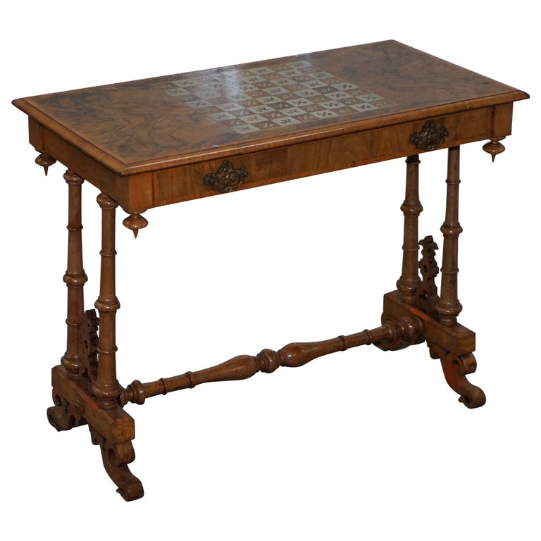Rare Victorian 1860 Walnut with Silver Chess Board Games Table and ...