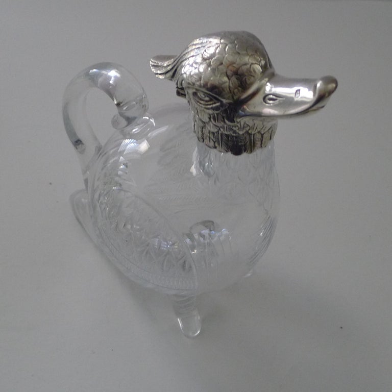 Rare Victorian Silver And Cut Glass Novelty Duck Decanter Jug 1894