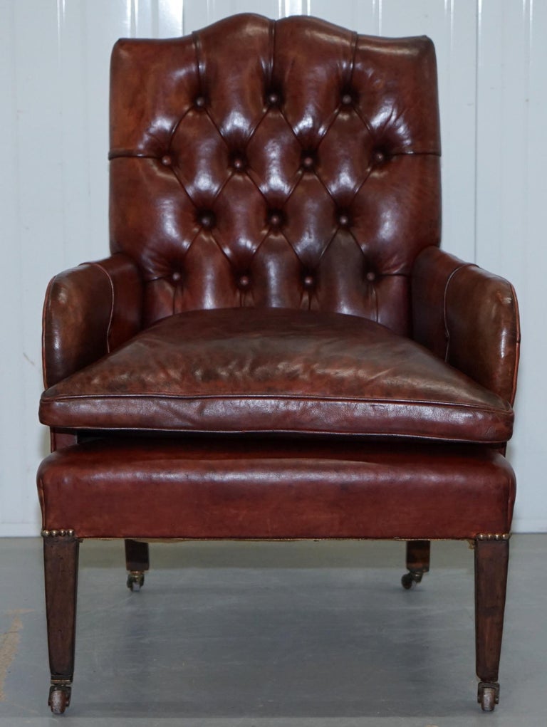 Rare Victorian Small Lounge Library Reading Chesterfield Brown Leather ...