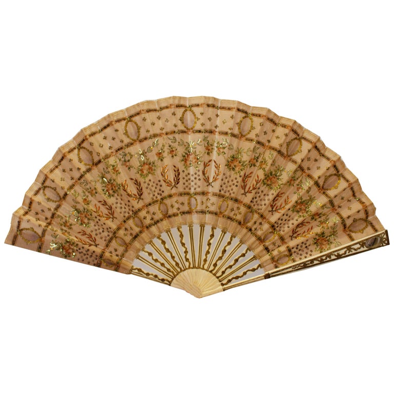 Rare Vintage Fan Decorated Linen with ivory and gold sticks at 1stDibs