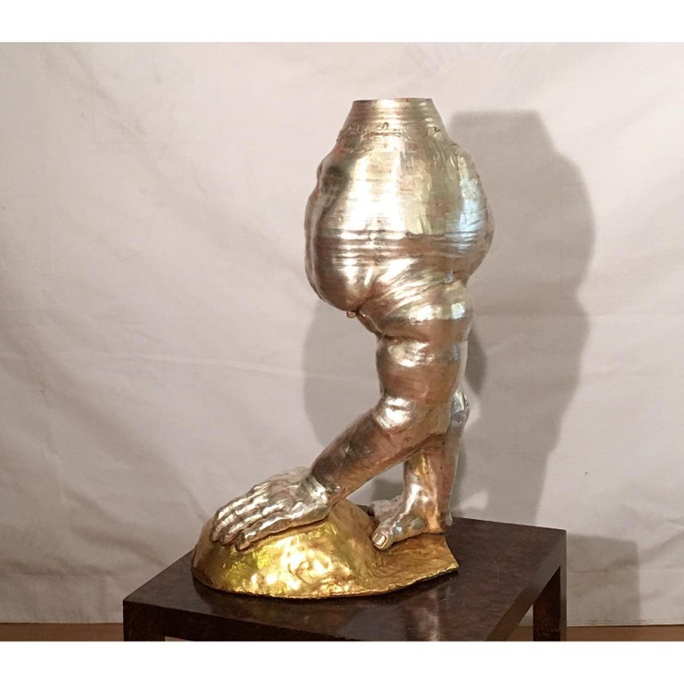 Rare Vintage Gilded Terracotta Pottery Figural Troglodyte Dry Vase For ...