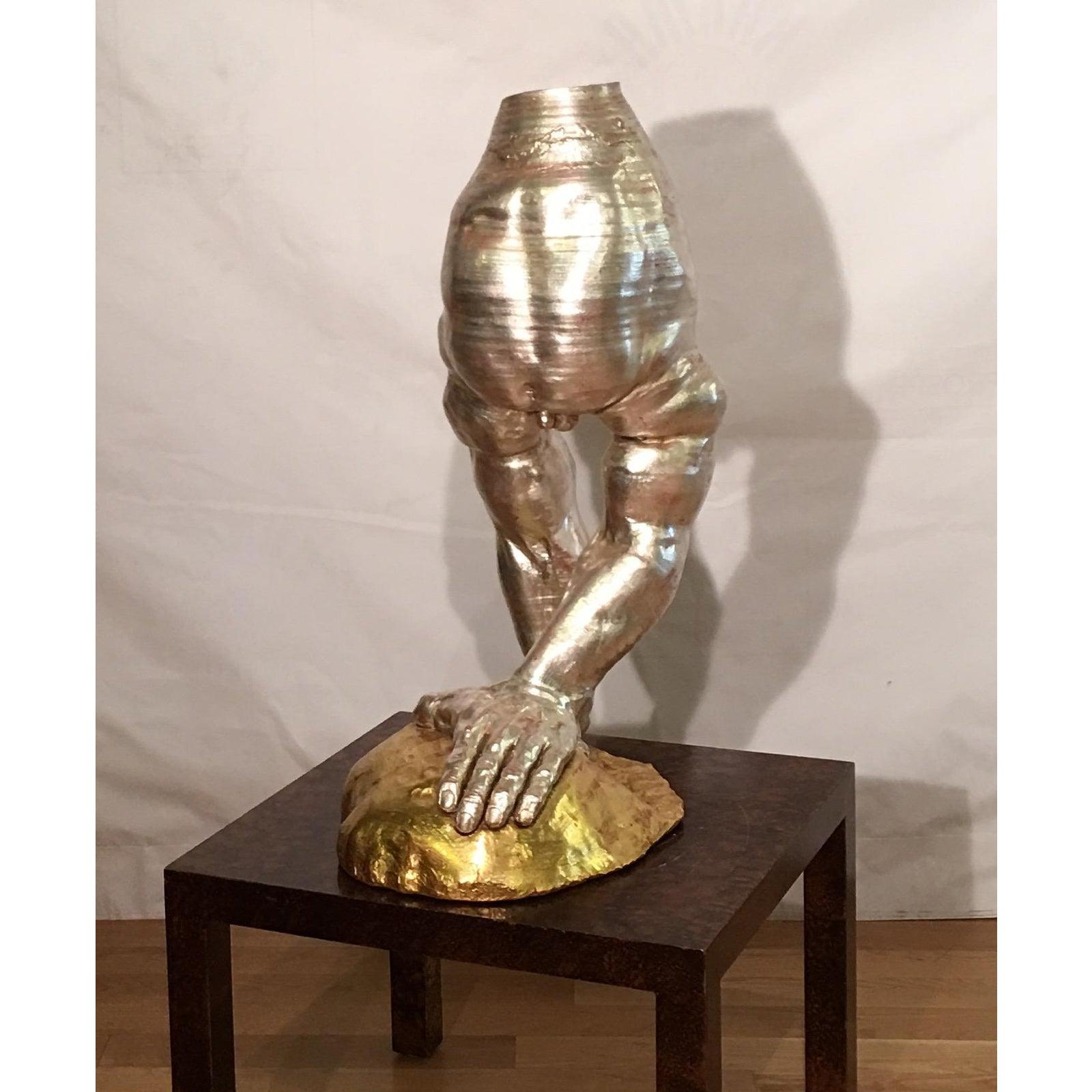 Rare Vintage Gilded Terracotta Pottery Figural Troglodyte Dry Vase For ...