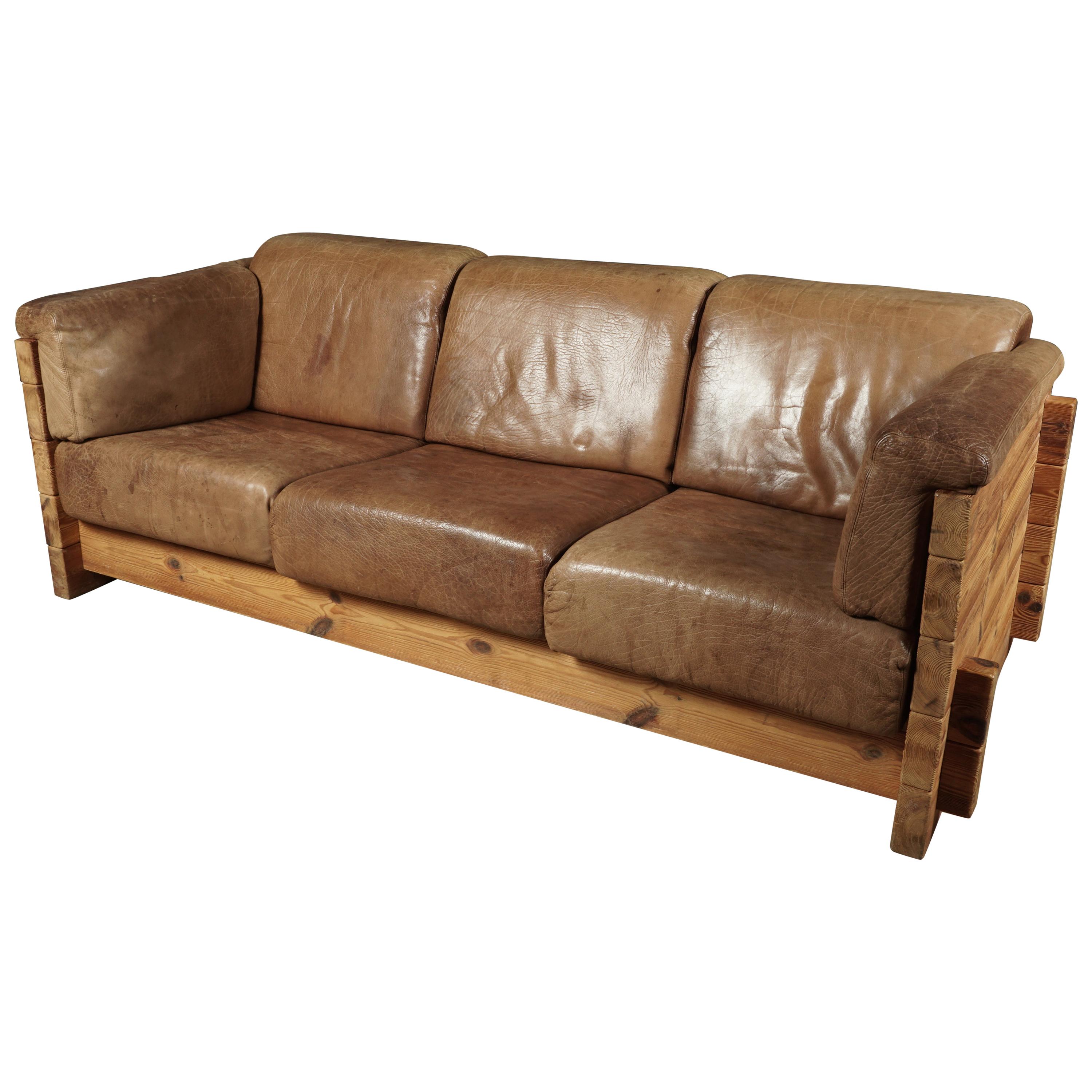 Rare Vintage Midcentury Leather and Pine Sofa from Denmark, 1970s at ...