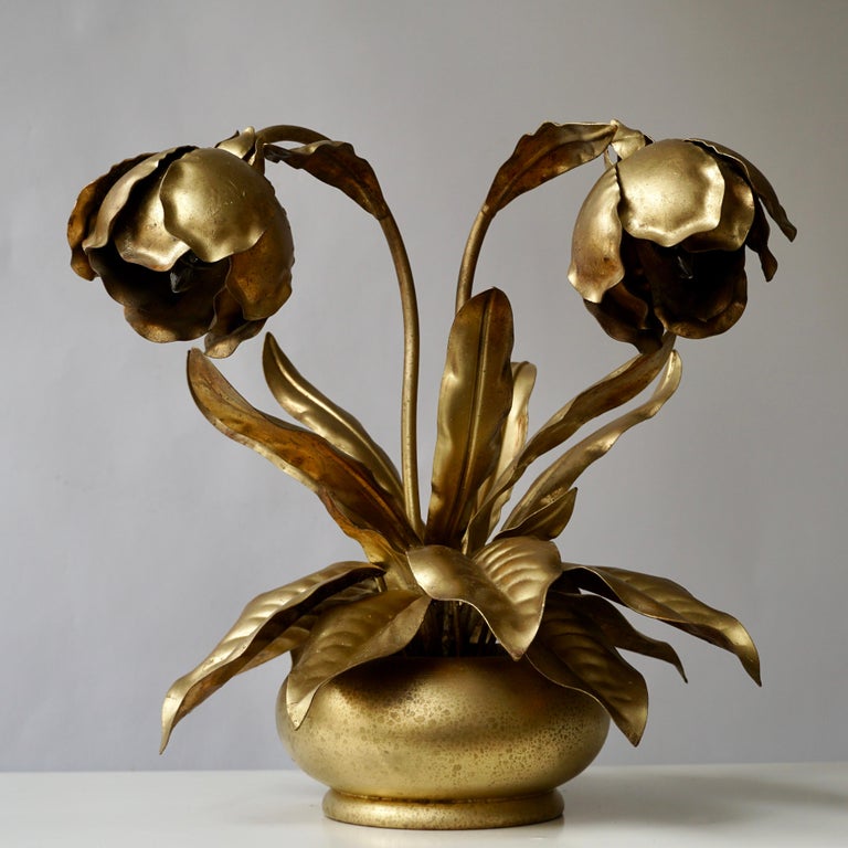 Rare Vintage Rose Flower Table Lamp in Brass and Wood at 1stDibs