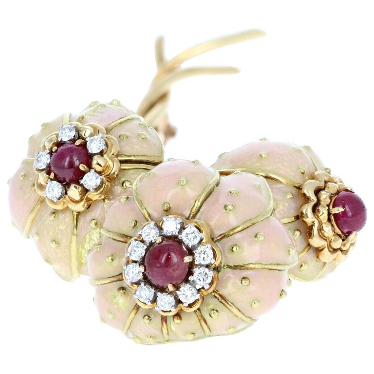 Rare Vintage Tiffany and Co. 18 Karat Gold, Diamond, Ruby and Enamel Brooch 43.7g For Sale at ...