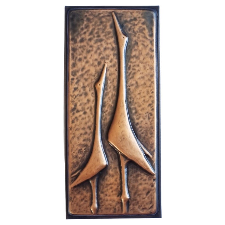 Rare Wall Brass Relief Sculpture of Herons, 1970s For Sale at 1stDibs