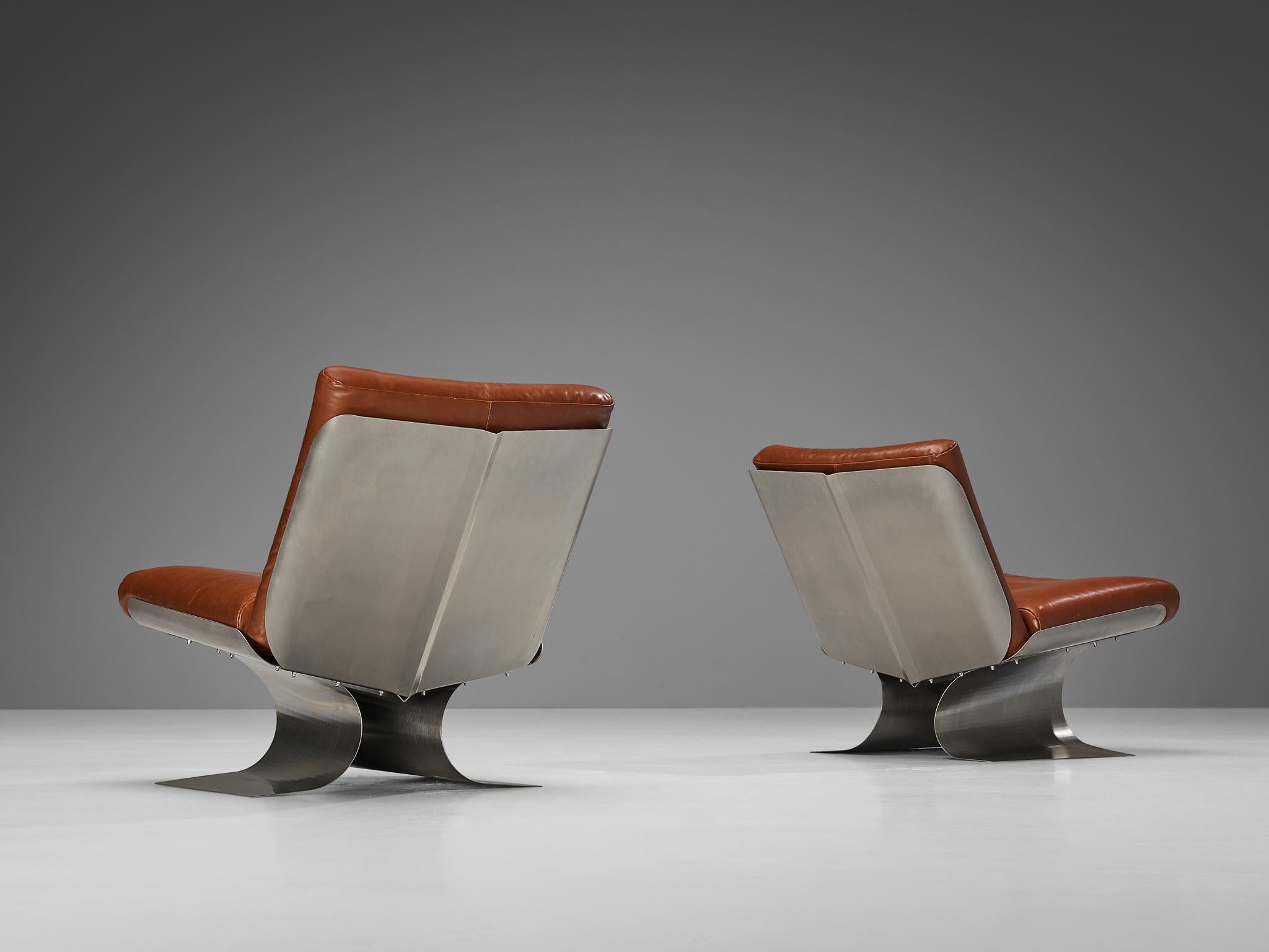 Rare Xavier Féal Lounge Chairs in Brushed Steel and Cognac Leather For ...