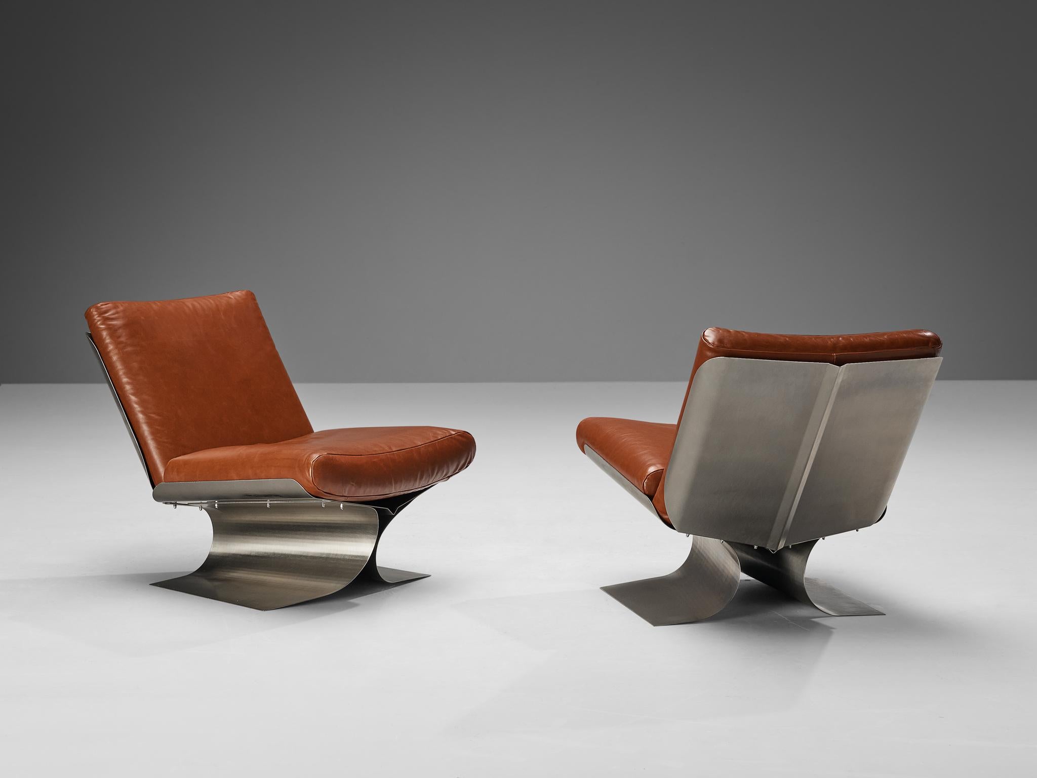 Rare Xavier Féal Lounge Chairs in Brushed Steel and Cognac Leather For ...