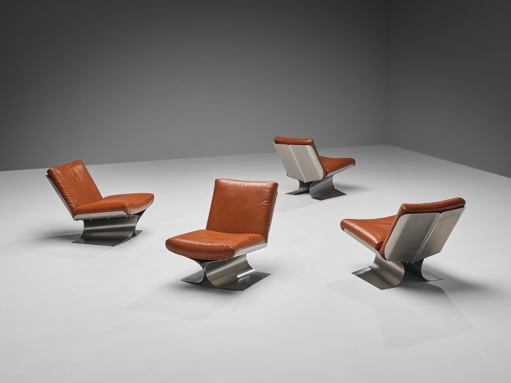 Rare Xavier Féal Lounge Chairs in Brushed Steel and Cognac Leather For ...