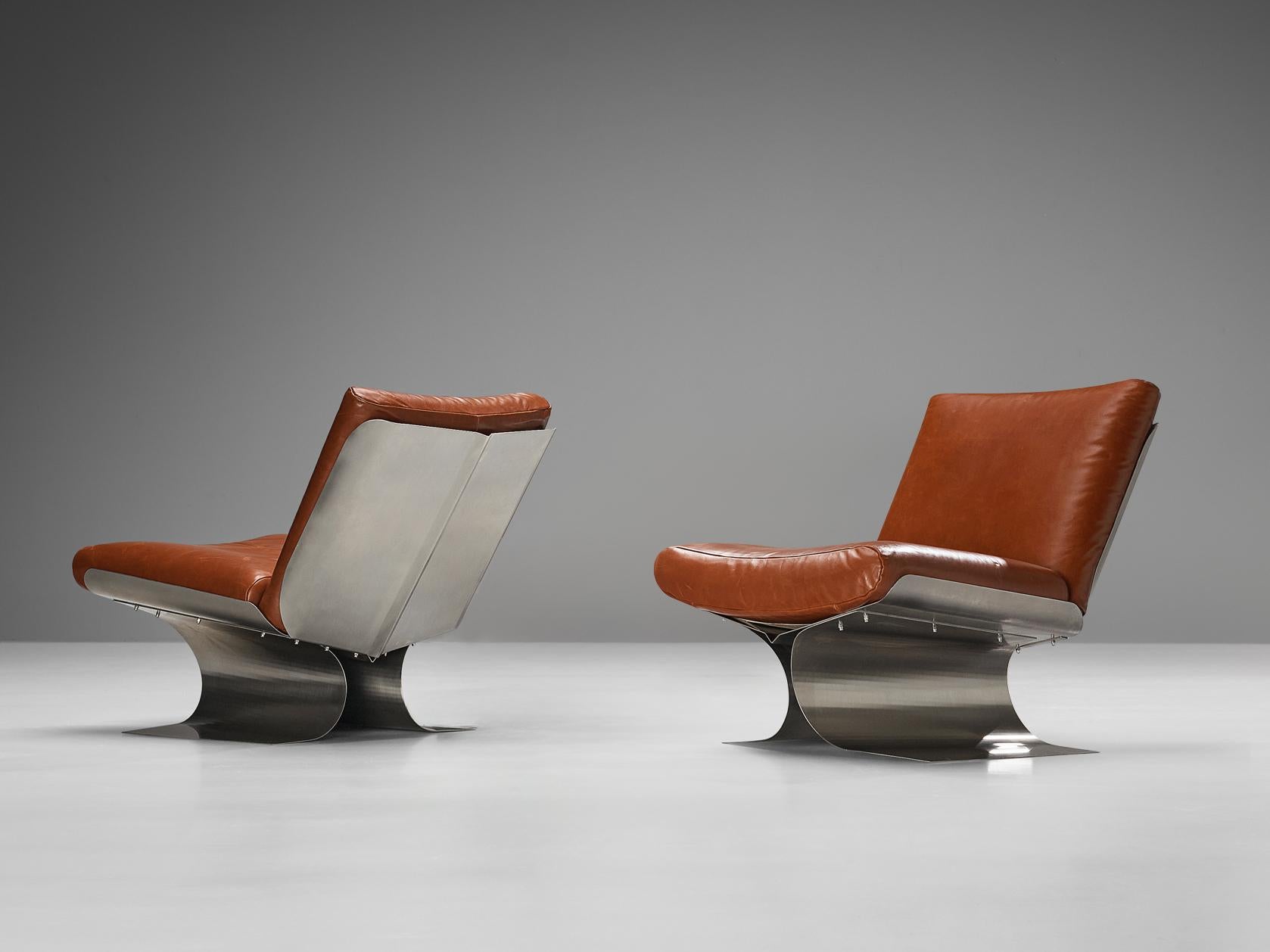 Rare Xavier Féal Lounge Chairs in Brushed Steel and Cognac Leather For ...
