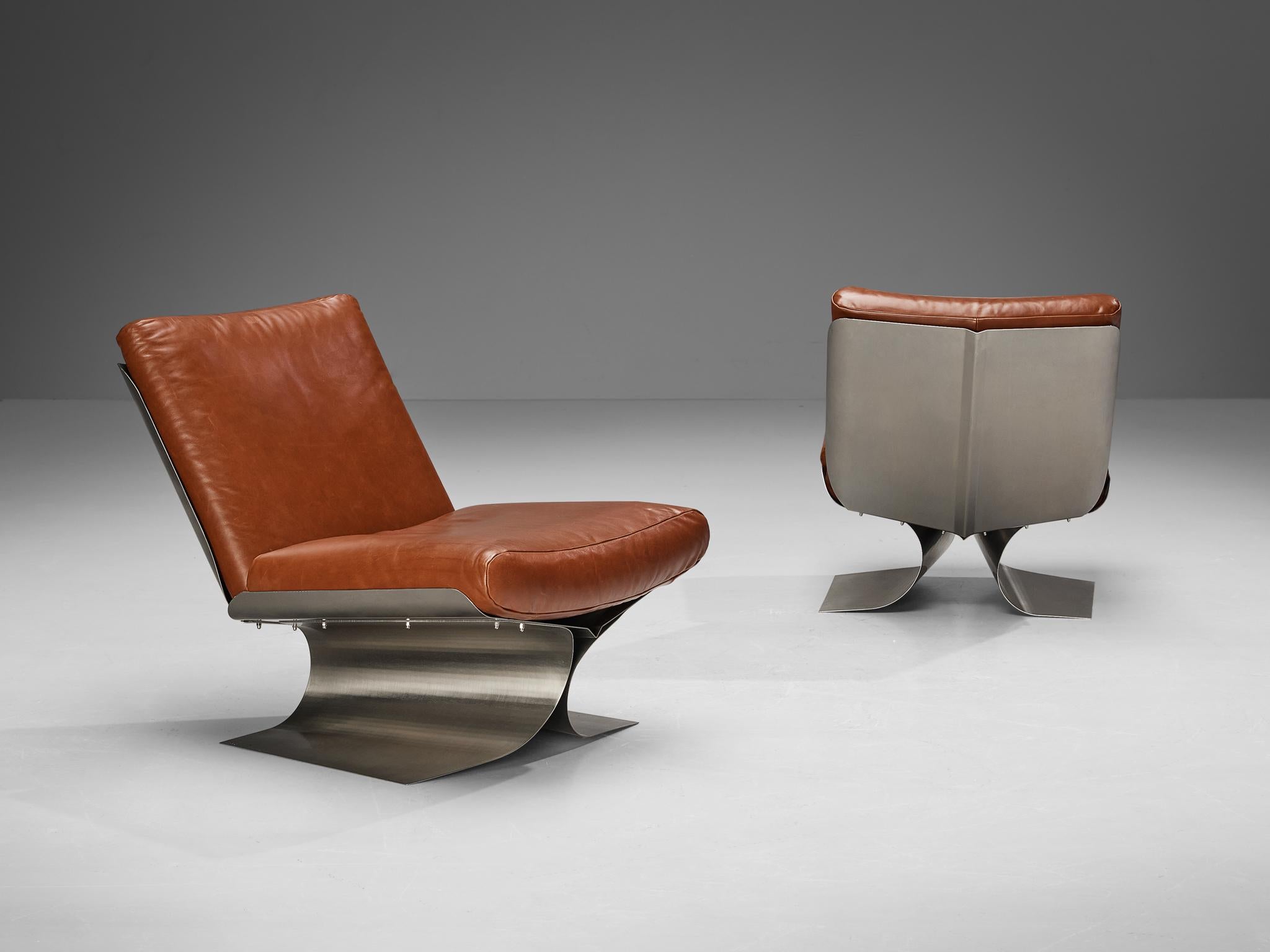 Rare Xavier Féal Lounge Chairs in Brushed Steel and Cognac Leather For ...