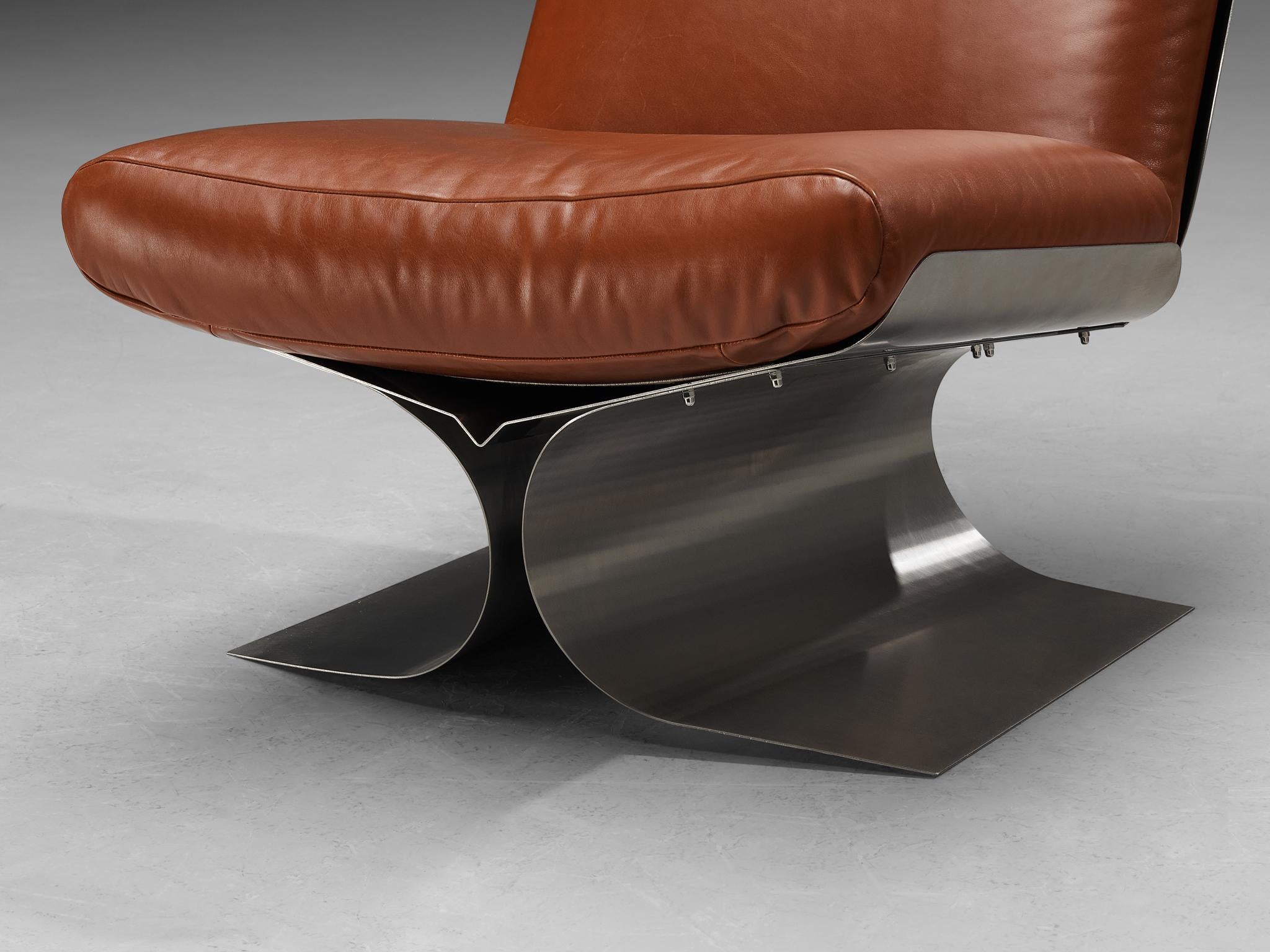 Rare Xavier Féal Lounge Chairs in Brushed Steel and Cognac Leather For ...