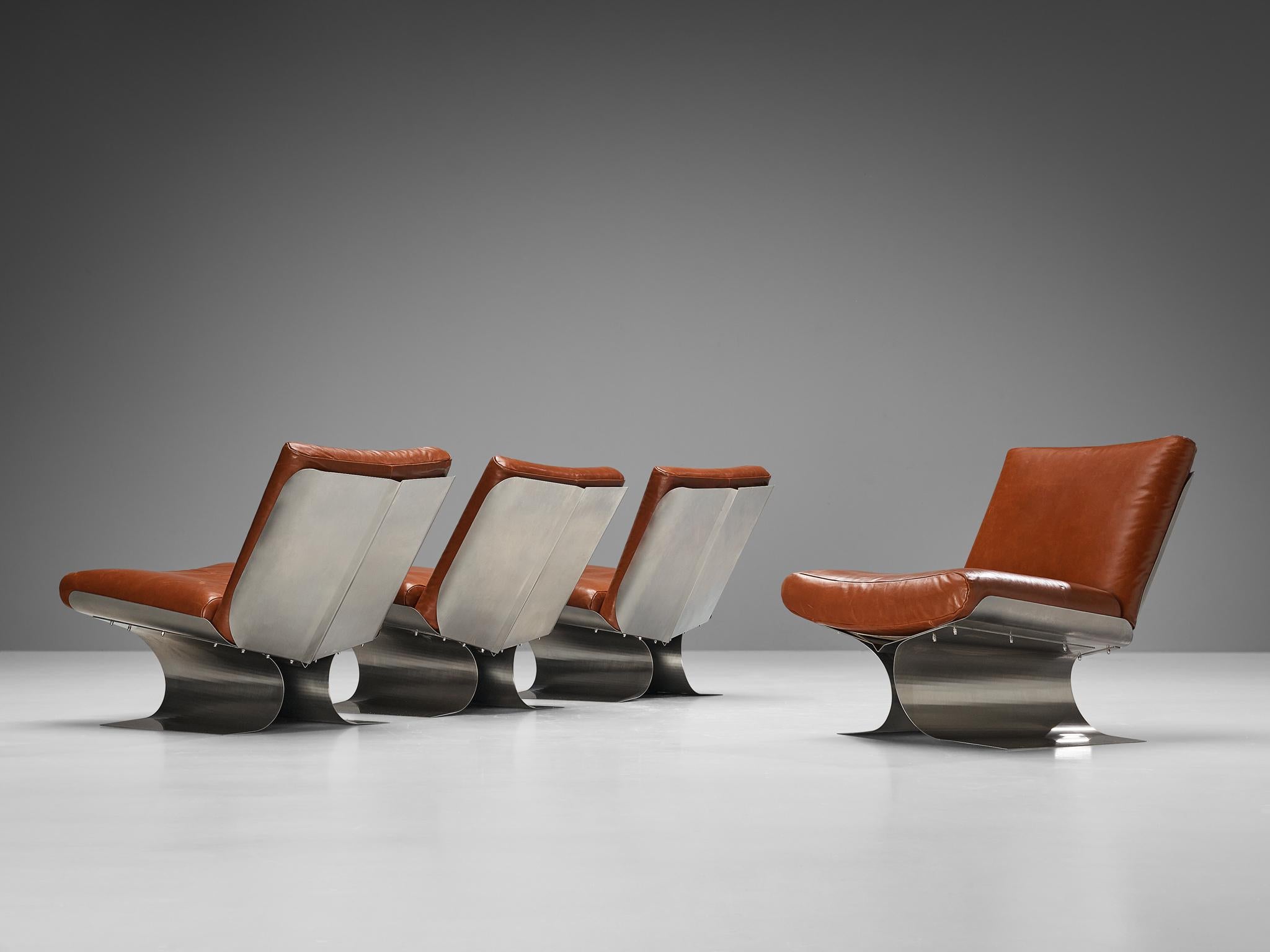 Rare Xavier Féal Lounge Chairs in Brushed Steel and Cognac Leather For ...