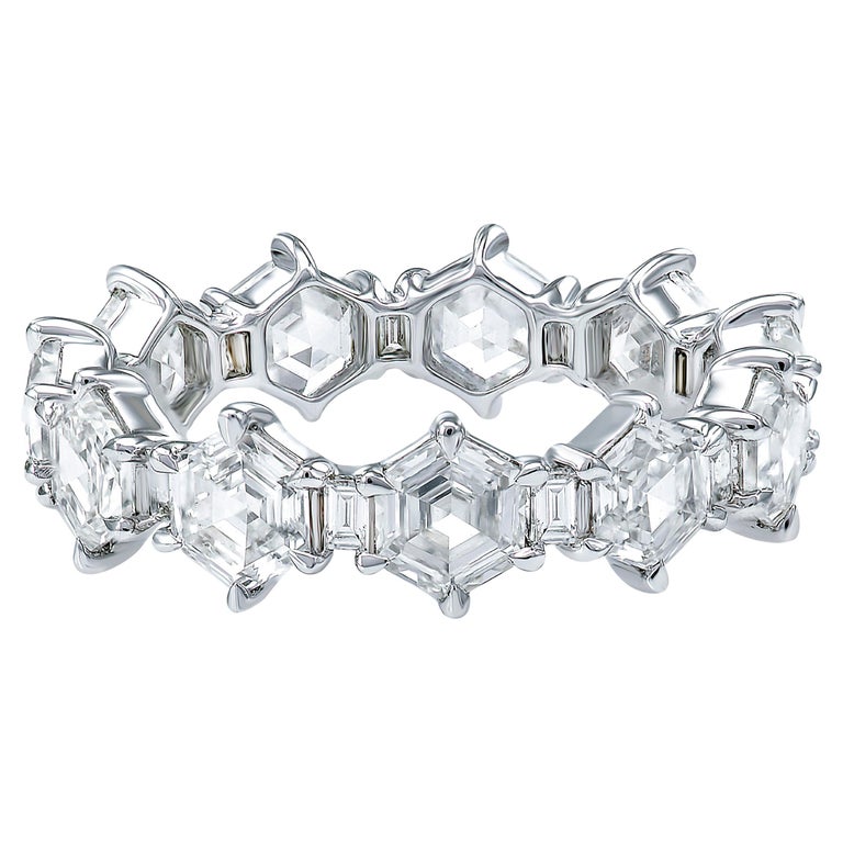 18k White Gold Old Hexagon Diamond 3.95cts Eternity Ring Wedding Band ...