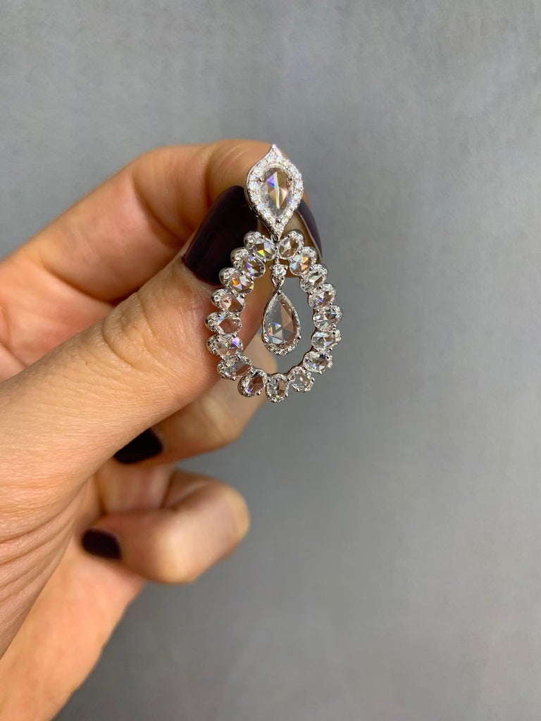 Rarever 18K White Gold Rose Cut Pear Diamond Drop Earrings 5.11cts ...