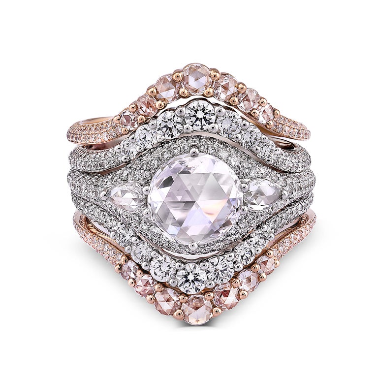 Rarever 18K White Rose Gold Rose Cut Diamond Pave Stacking 3.11cts Ring ...