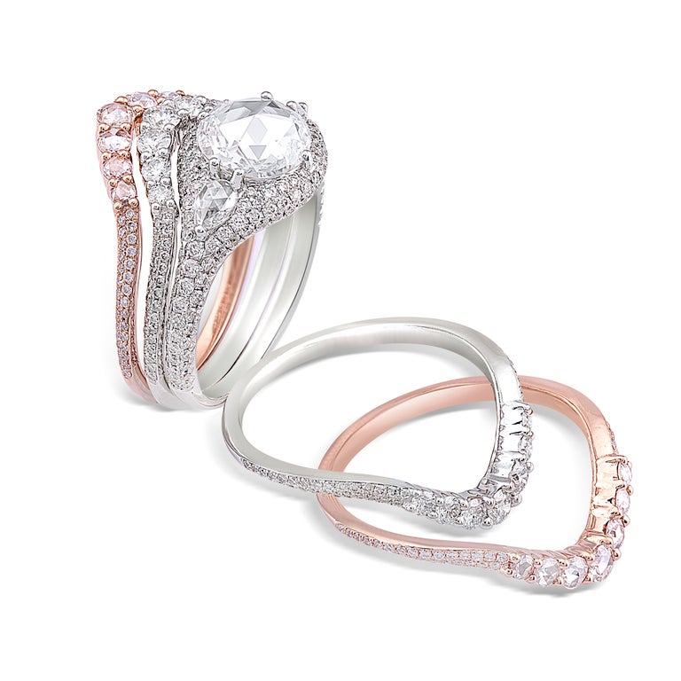 Rarever 18K White Rose Gold Rose Cut Diamond Pave Stacking 3.11cts Ring ...