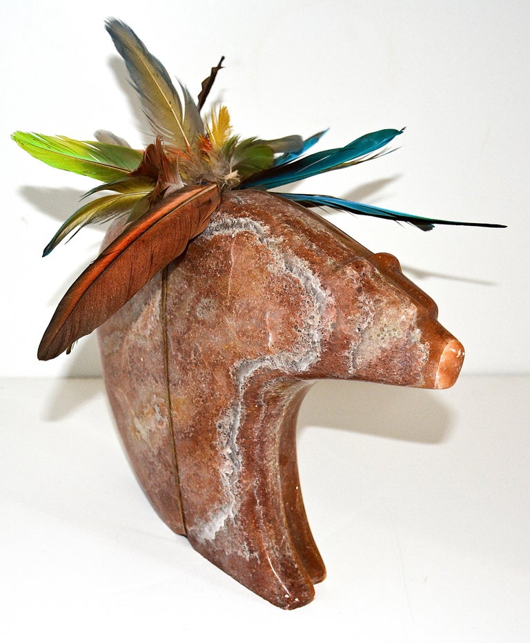 Raspberry Alabaster Feather Bundled Bear Fetish with Heart Line For ...