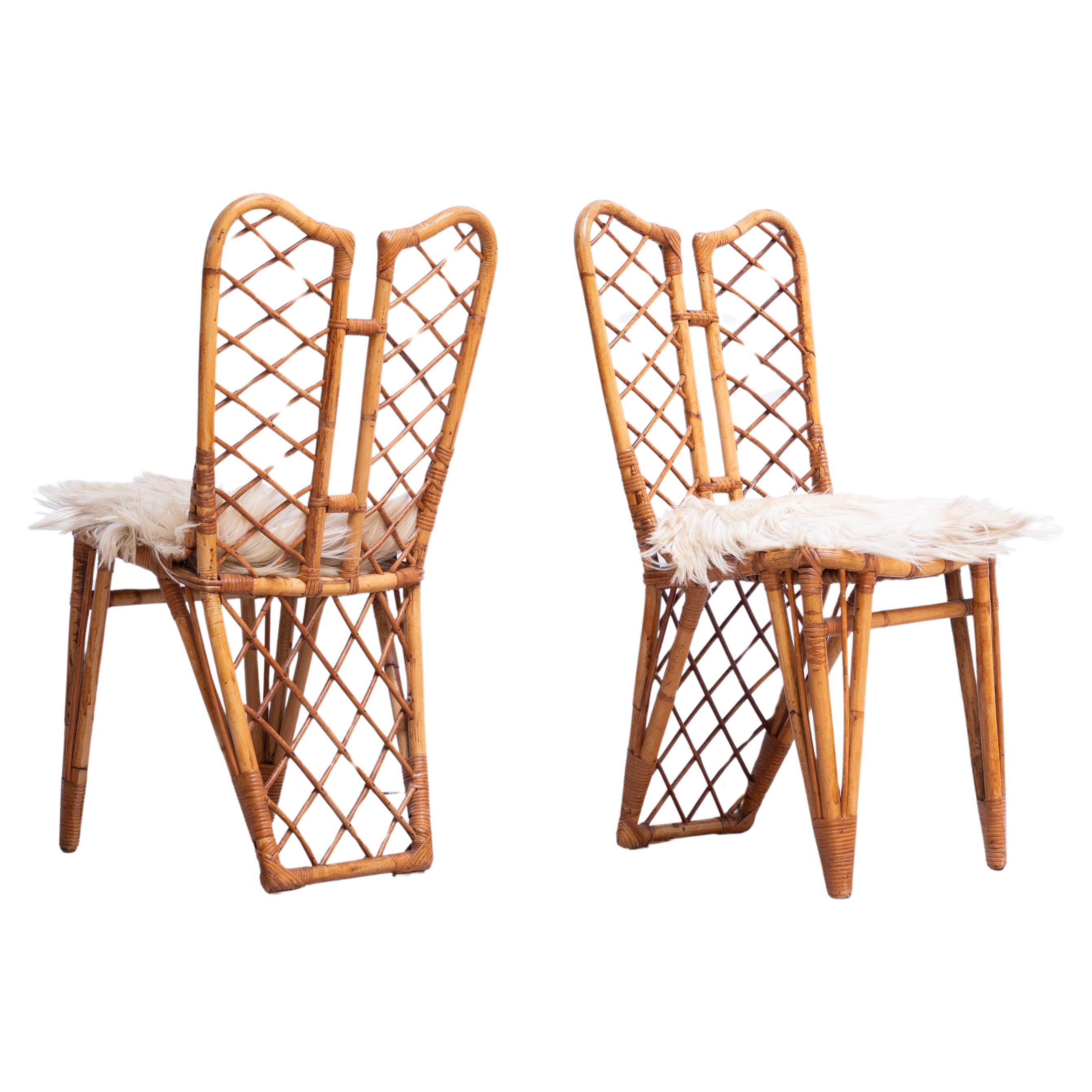 Rattan and Bamboo Dining Chairs with White Fur, Jean Royere Style For ...