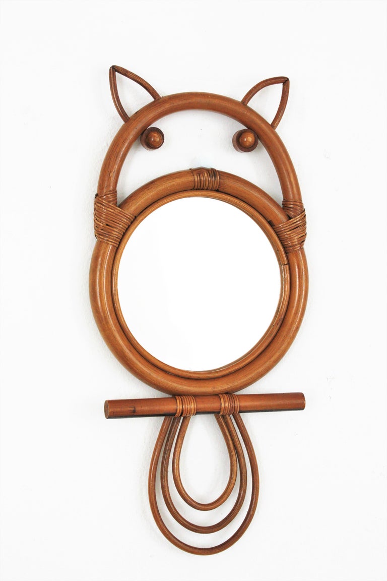 Rattan and Bamboo Owl Figure Wall Mirror, France, 1950s at 1stDibs