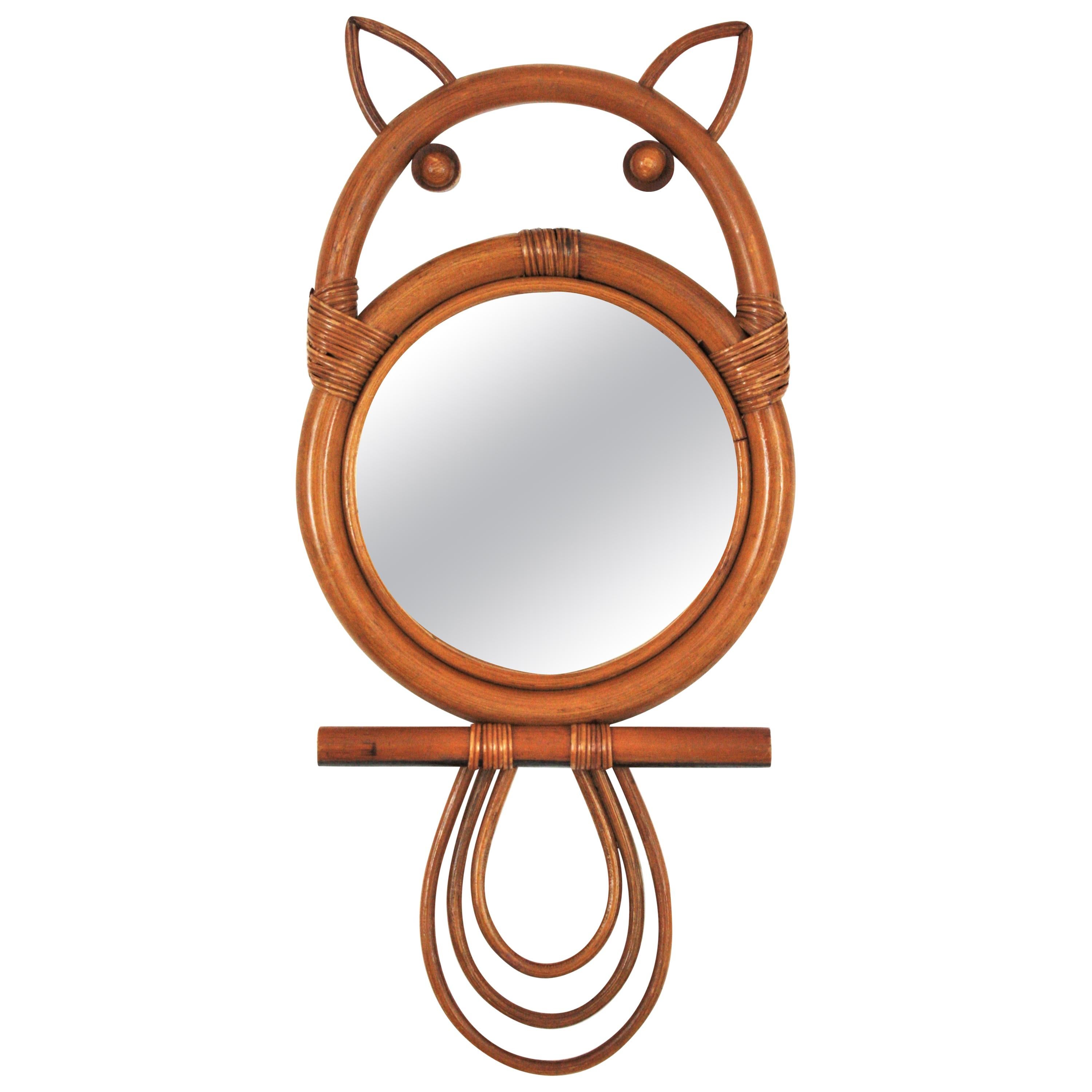 Rattan and Bamboo Owl Figure Wall Mirror, France, 1950s at 1stDibs