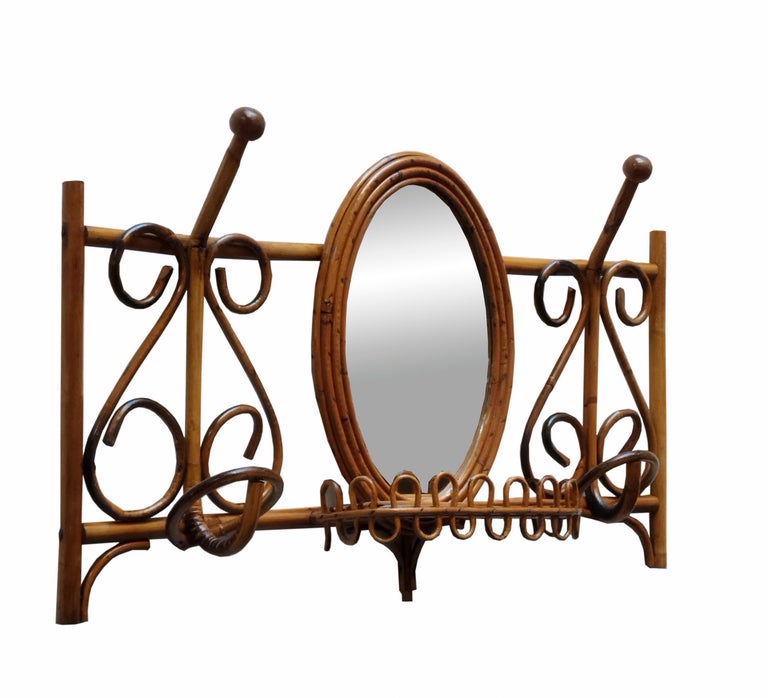 Rattan and Bamboo Wall Coat Rack with Mirror and Shelf, Italy, 1960s ...