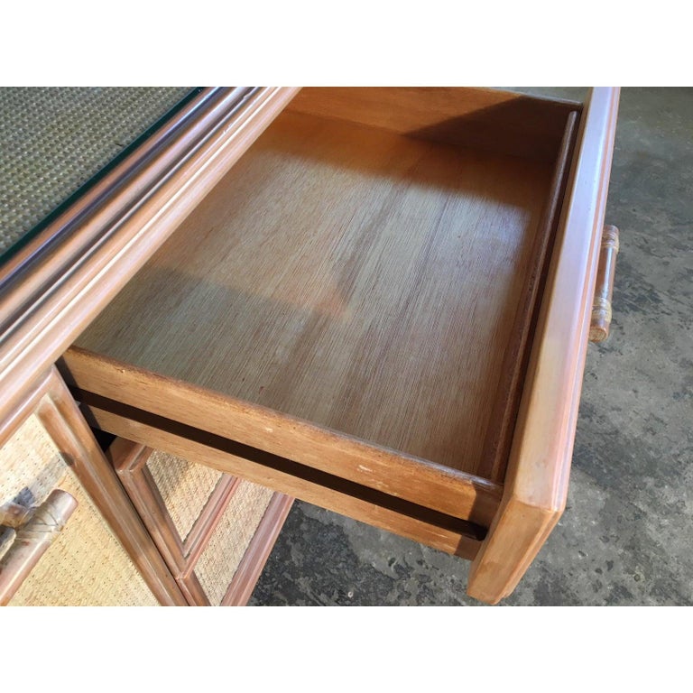 Rattan and Faux Bamboo China Buffet Cabinet with Hutch For Sale at 1stDibs