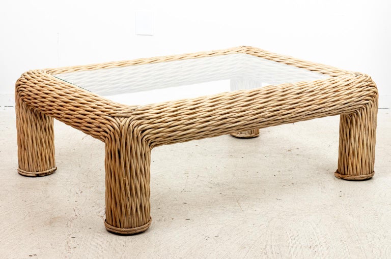 Rattan and Glass Coffee Table For Sale at 1stDibs