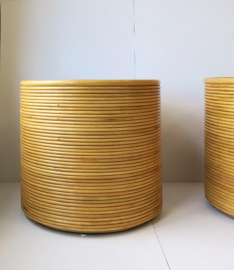 Wicker Rattan Round Pedestal End Tables, Pair at 1stDibs