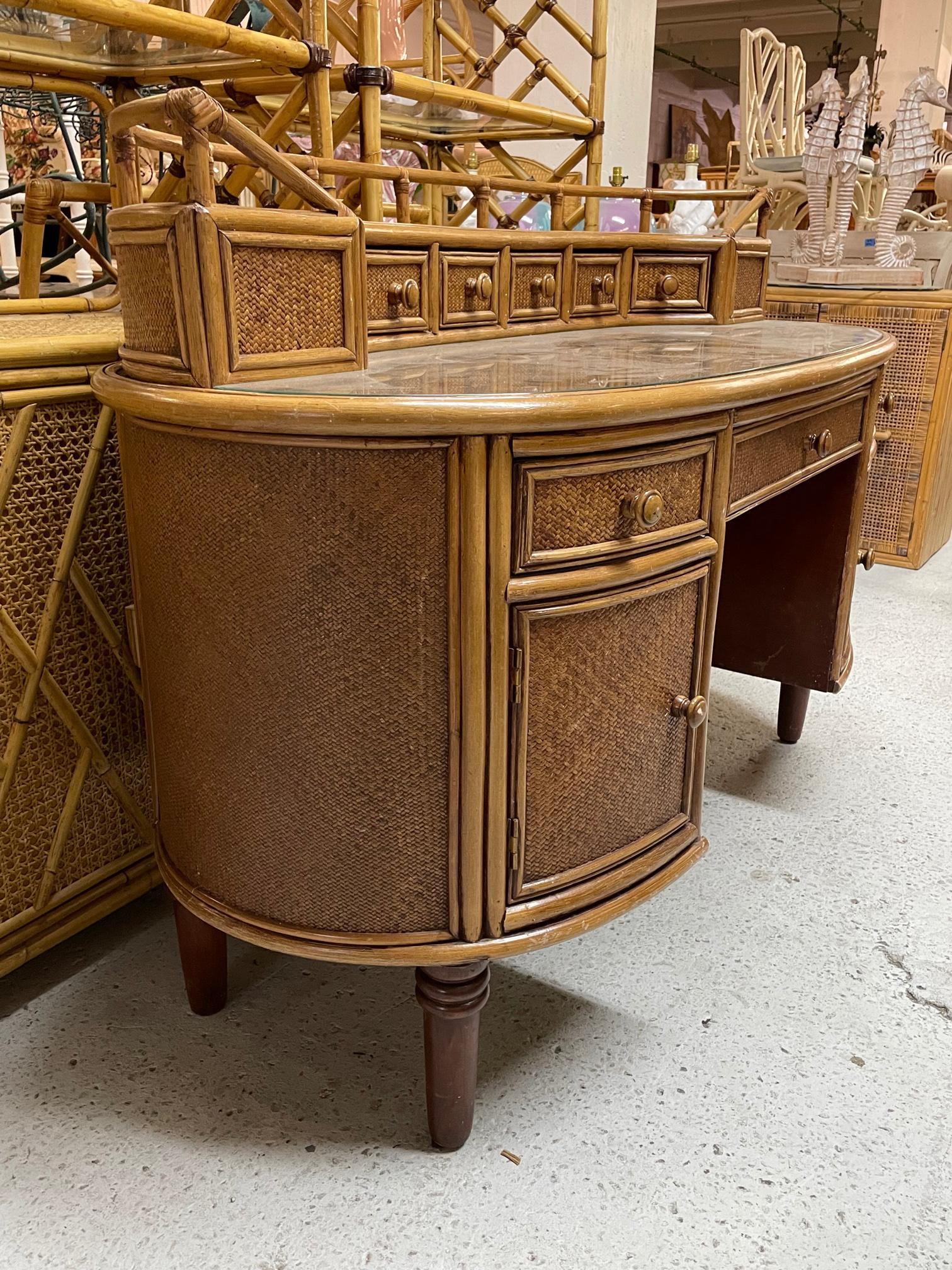Rattan and Herringbone Woven Wicker Secretary Desk and Chair For Sale ...