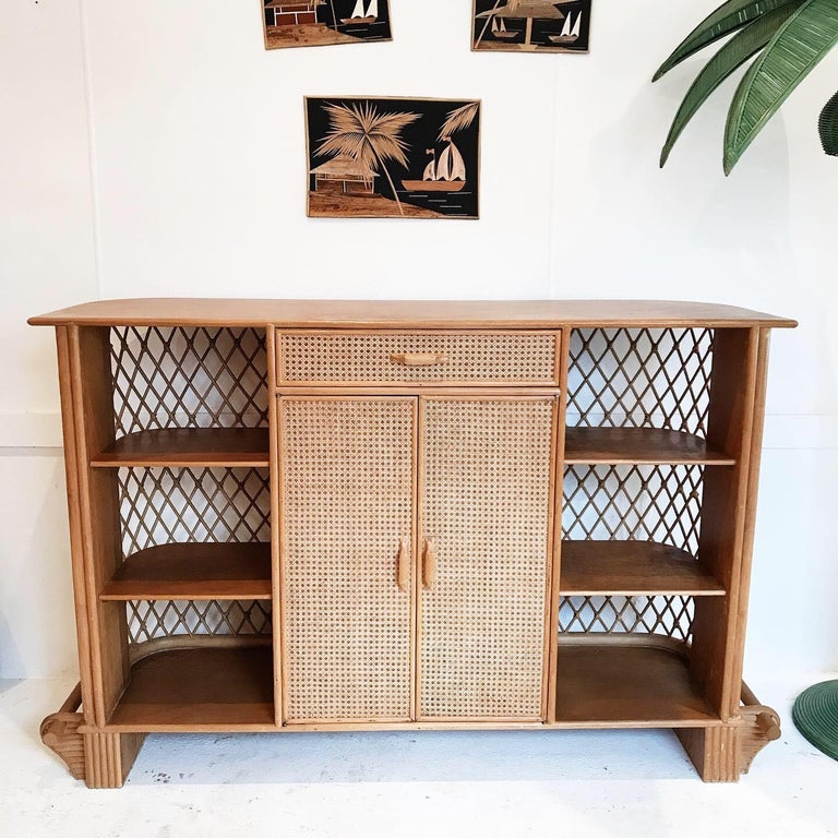 Rattan and Meranti Tiki Bar with Nude Surface Veneer and Webbed Cane ...