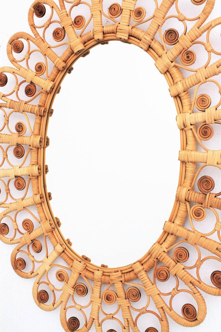Rattan and Wicker Large Oval Mirror with Filigree Peacock Frame, Spain ...