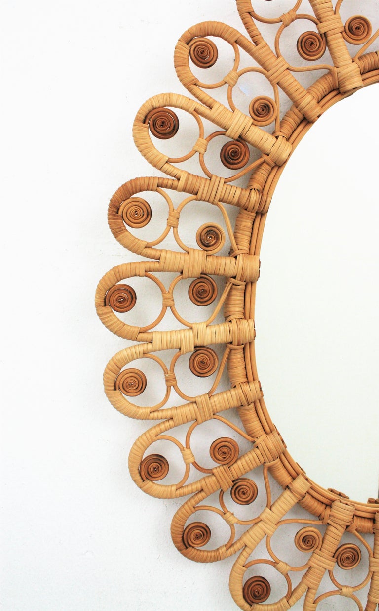 Rattan and Wicker Large Oval Mirror with Filigree Peacock Frame, Spain ...