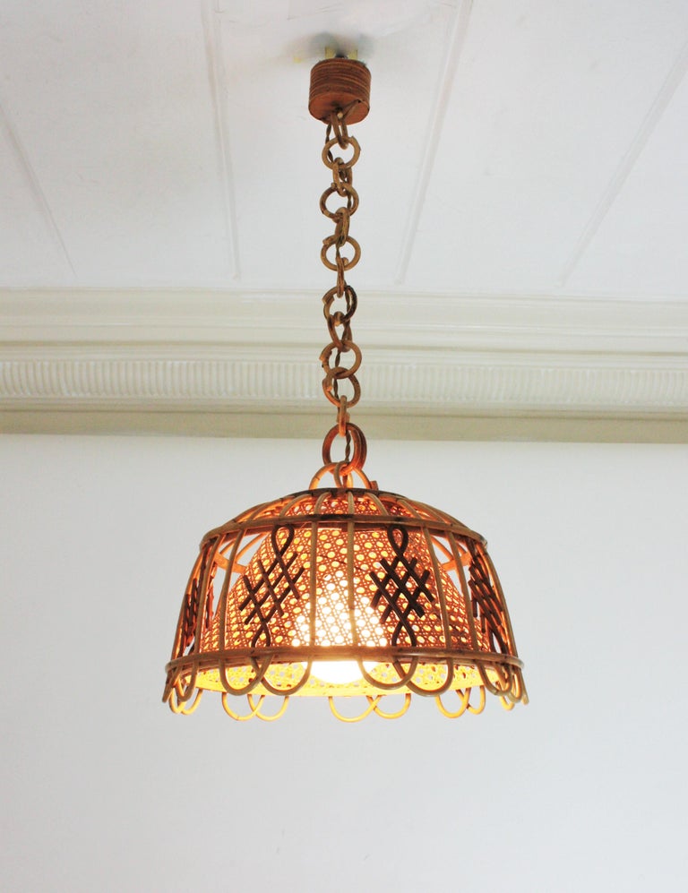 Rattan and Wicker Wire Italian Modernist Pendant / Hanging Light, 1960s ...