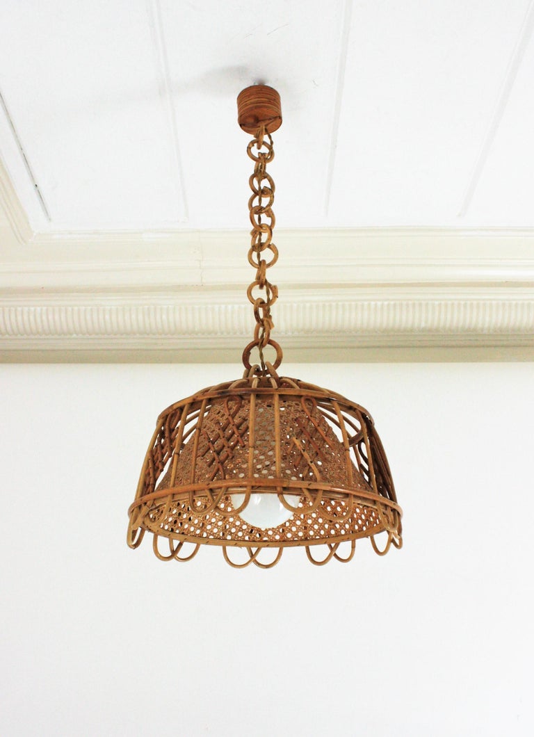 Rattan and Wicker Wire Italian Modernist Pendant / Hanging Light, 1960s ...