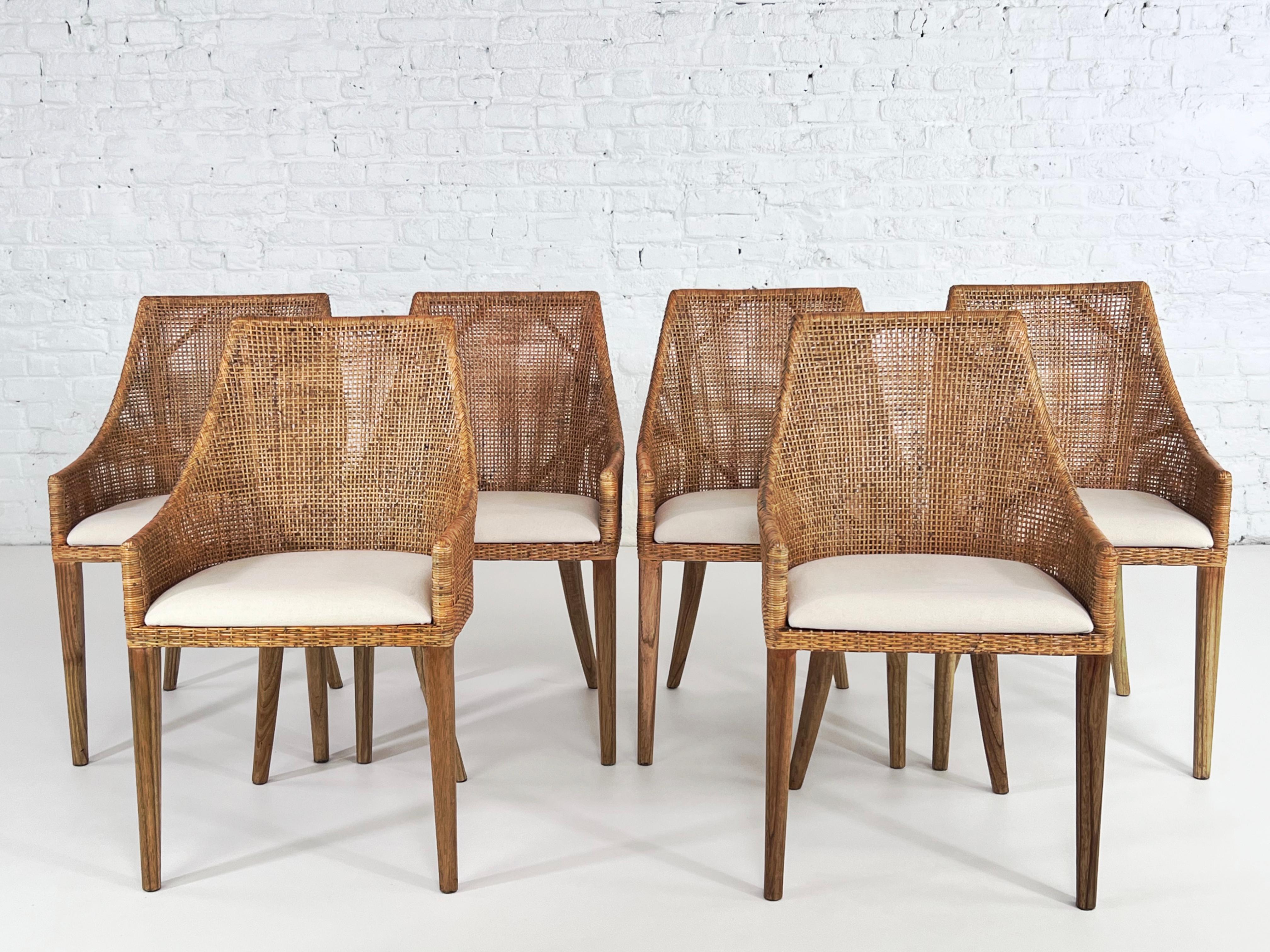 Rattan and Wooden Set of Six Armchairs French Design For Sale at 1stDibs