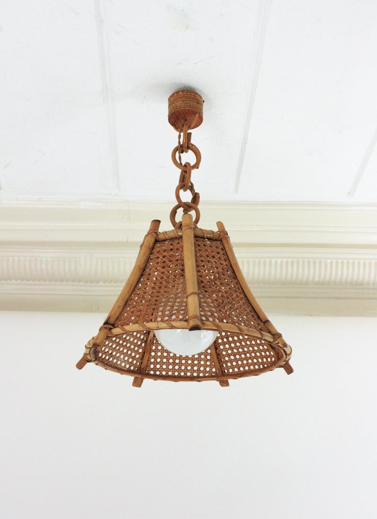 Rattan Bamboo and Wicker Pagoda Pendant or Hanging Light, 1960s at ...