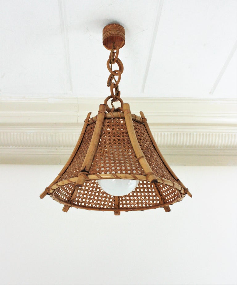 Rattan Bamboo and Wicker Pagoda Pendant or Hanging Light, 1960s at ...