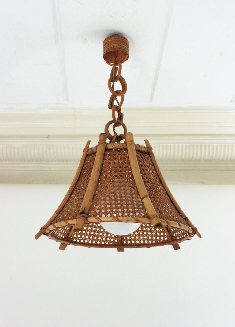 Rattan Bamboo and Wicker Pagoda Pendant or Hanging Light, 1960s at ...