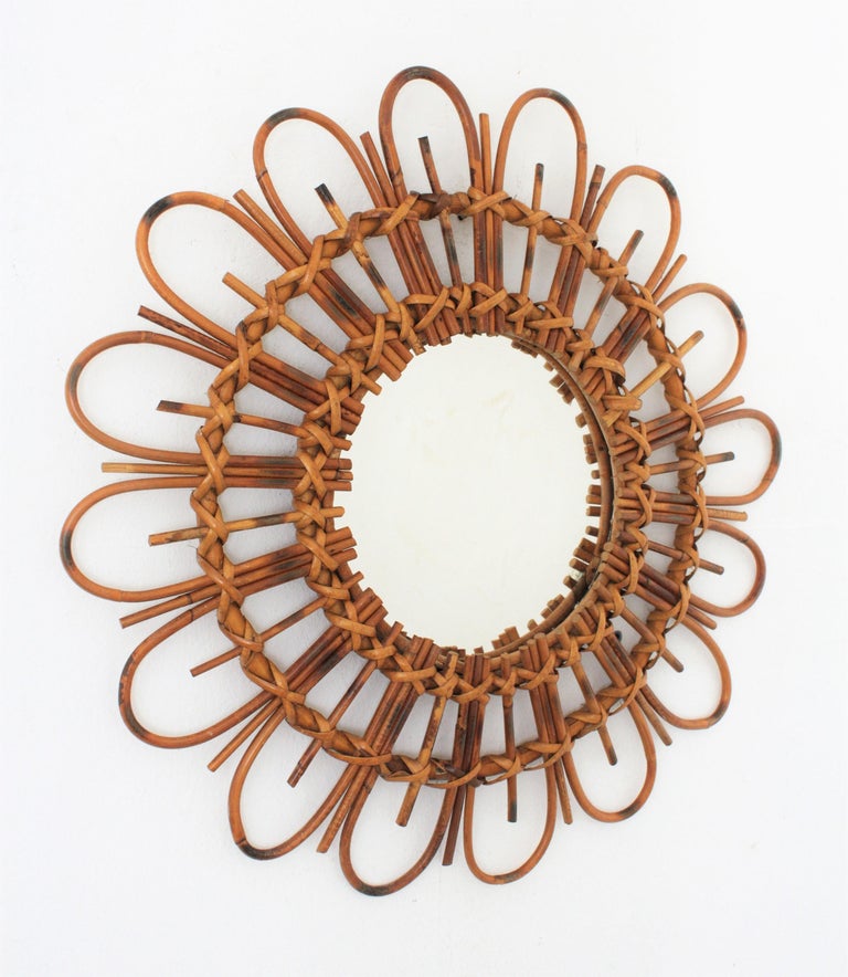 Rattan Bamboo Flower Shaped Sunburst Mirror, French Mediterranean Style ...