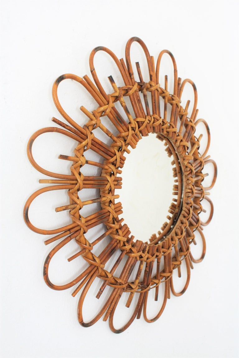 Rattan Bamboo Flower Shaped Sunburst Mirror, French Mediterranean Style ...