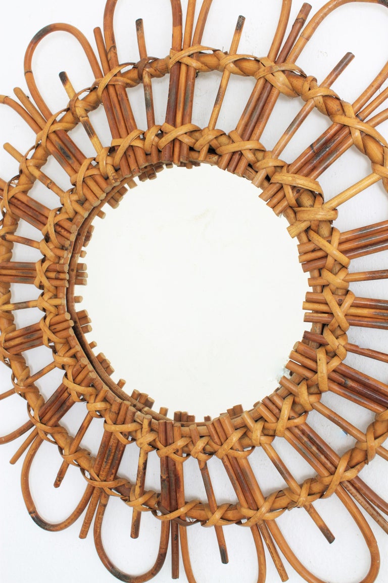 Rattan Bamboo Flower Shaped Sunburst Mirror, French Mediterranean Style ...