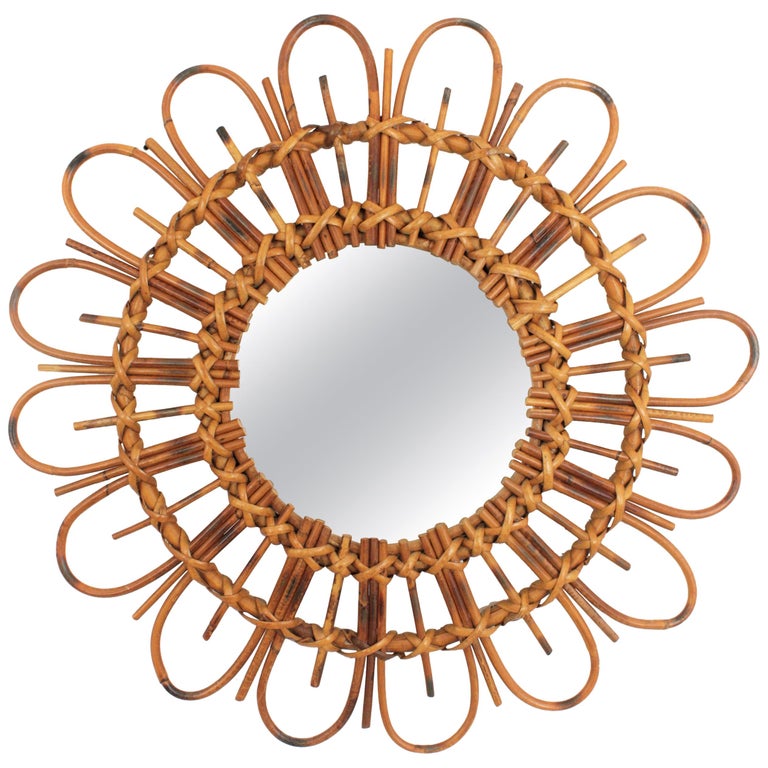 Rattan Bamboo Flower Shaped Sunburst Mirror, French Mediterranean Style ...