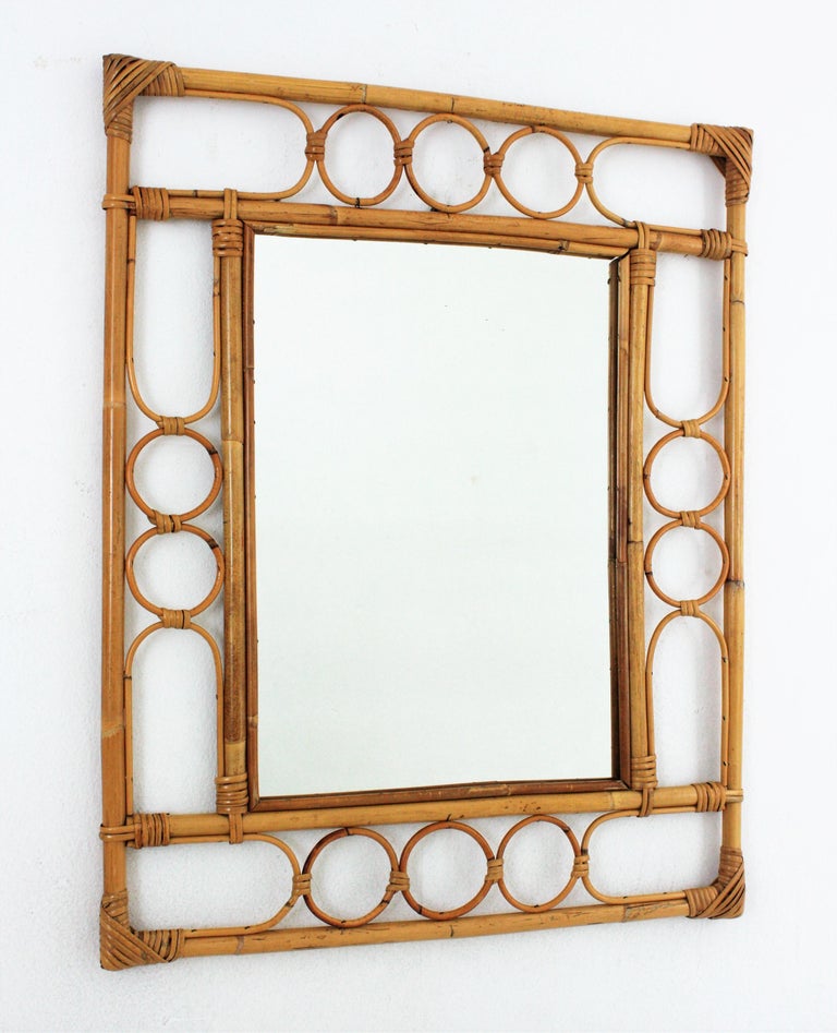 Rattan Bamboo Franco Albini Style Rectangular Mirror For Sale at 1stDibs