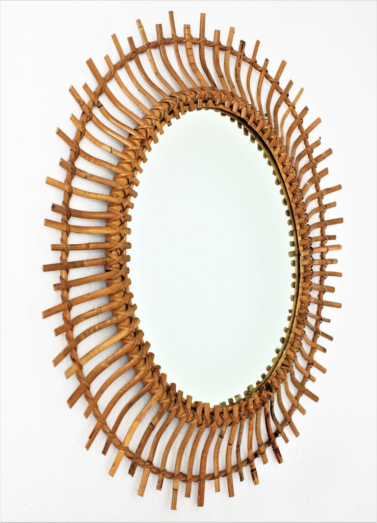 Rattan Bamboo Oval Sunburst Mirror For Sale at 1stDibs